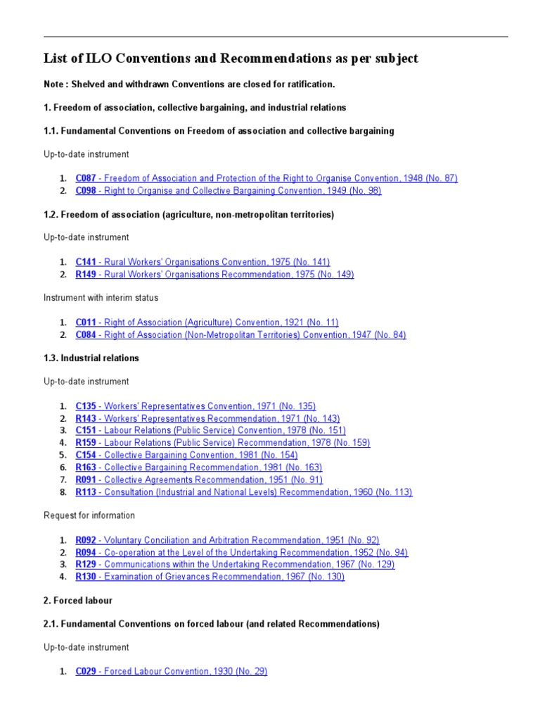List of ILO Conventions and Recommendations As Per Subject | PDF ...