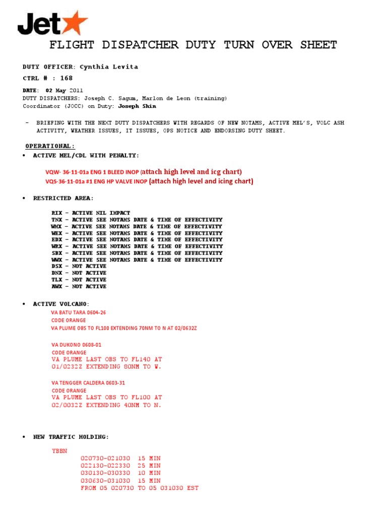 Flight Dispatcher Duty Turn Over Sheet CTRL No 168 | PDF | Aviation ...