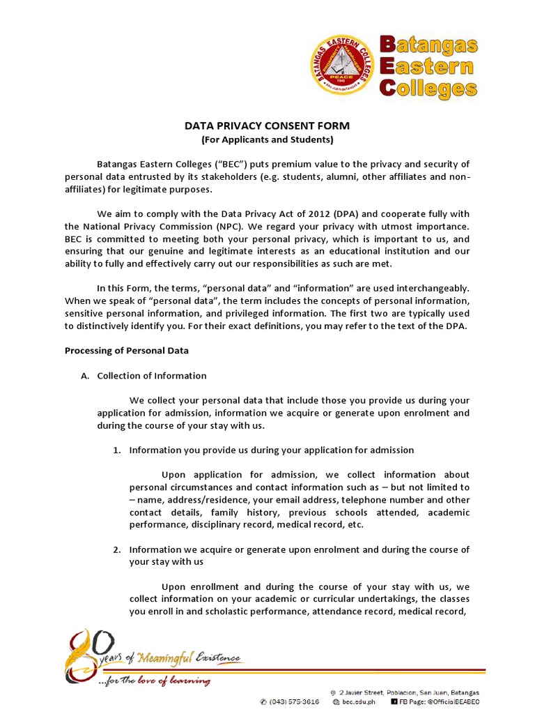 Data Privacy Consent Form: (For Applicants and Students) | PDF ...