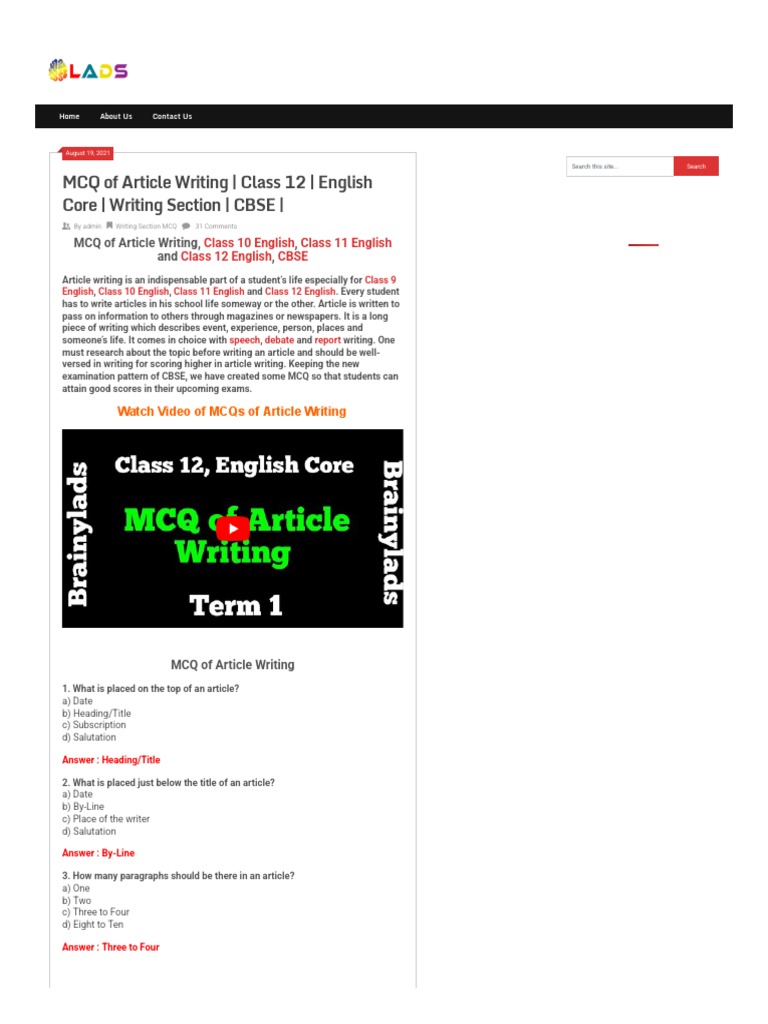 MCQ of Article Writing - Class 12 - English Core - Writing Section ...