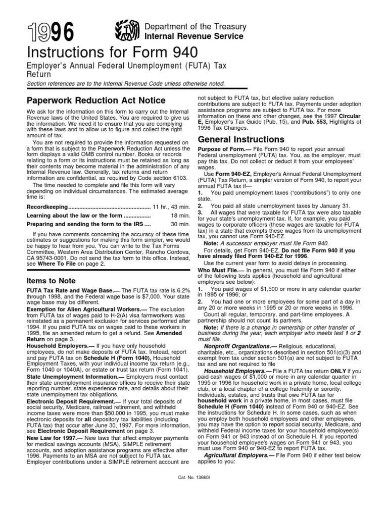 Instructions For Form 940: Paperwork Reduction Act Notice | PDF | Taxes ...