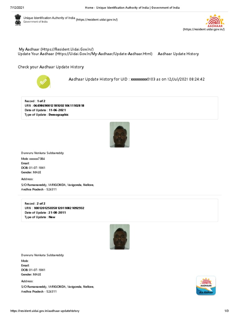Check Your Aadhaar Update History Aadhaar Update History For UID ...