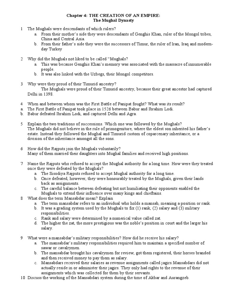 Notes Chapter 4, The Mughal Empire | PDF | Mughal Empire