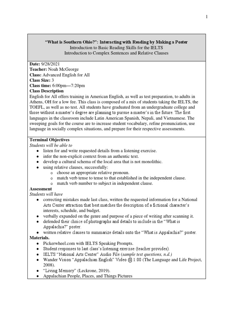 Southern Ohio Reading Skills Class | PDF | English Language | Lesson Plan