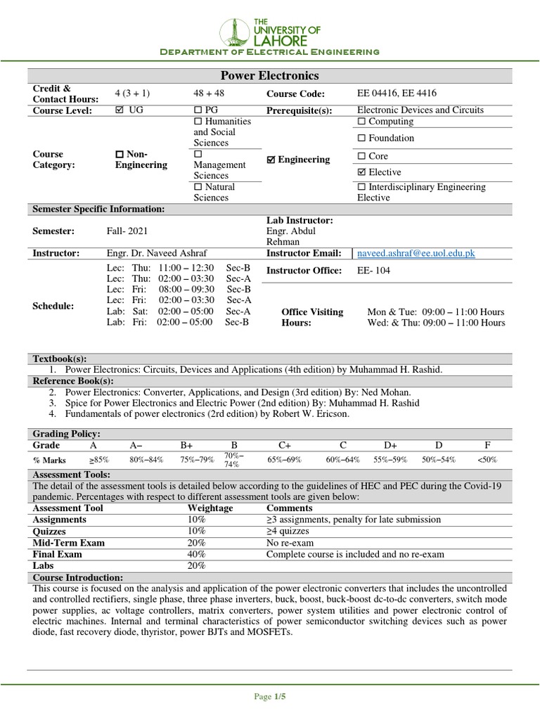 Course Outline Fall-2021 | PDF | Rectifier | Power Electronics