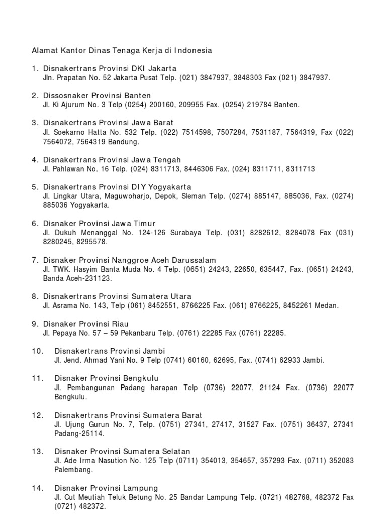 Alamat Disnaker Seluruh Indonesia | PDF