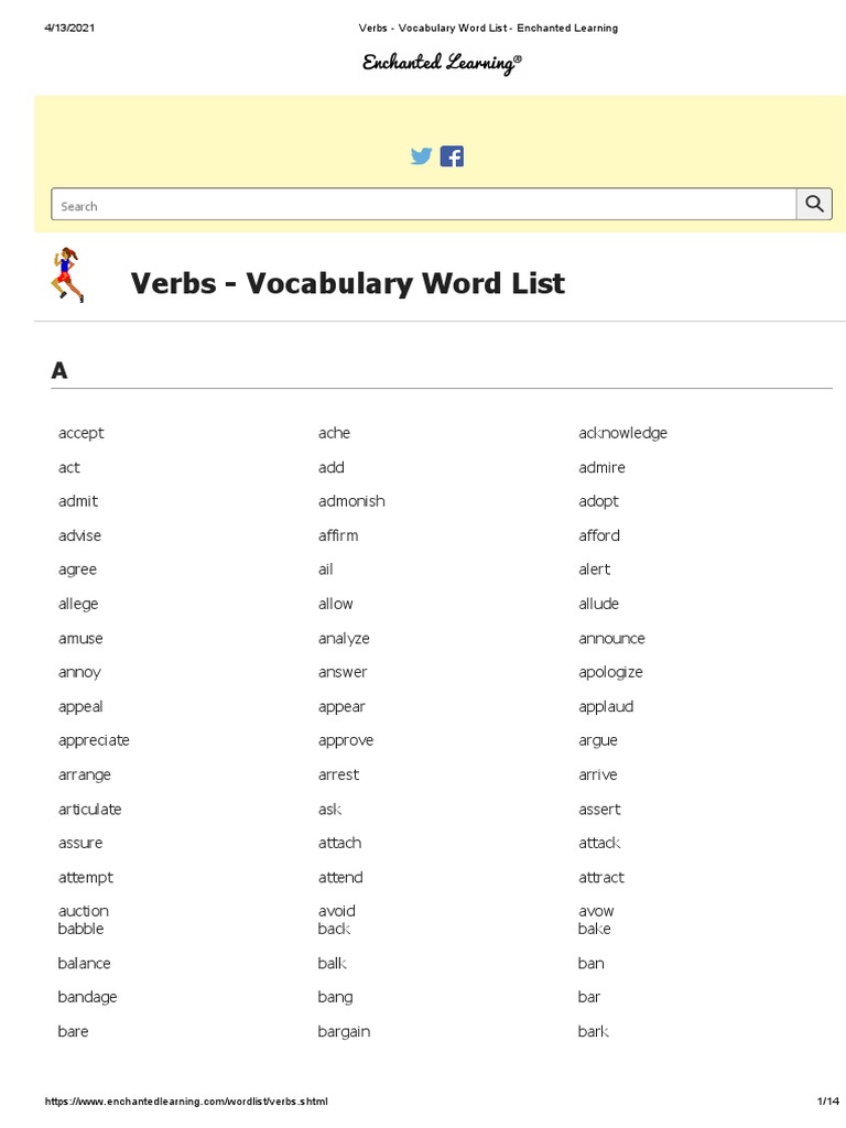 Verbs - Vocabulary Word List - Enchanted Learning | PDF