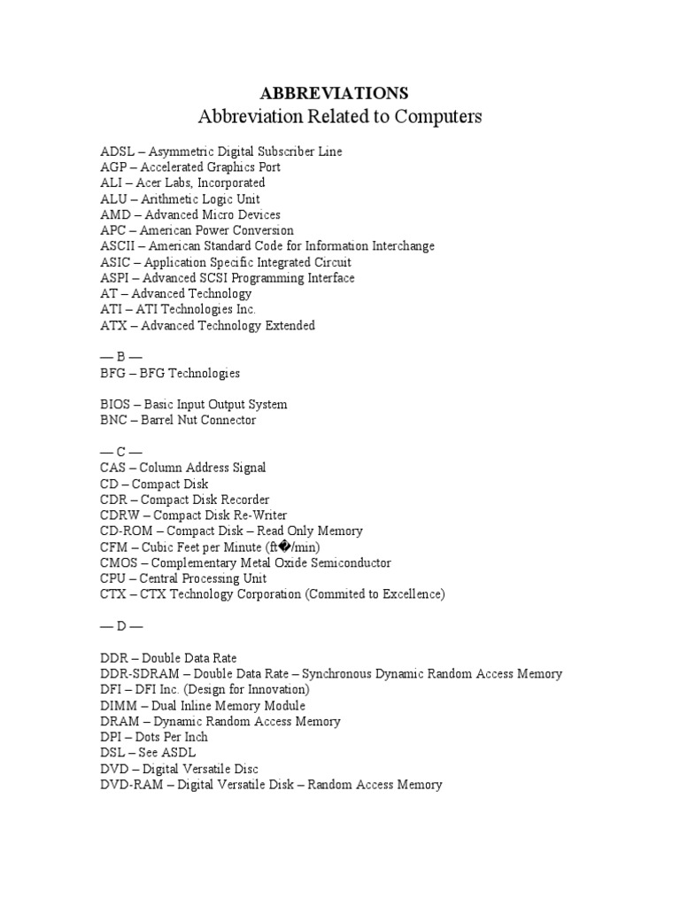 Abbreviation Related To Computers: Abbreviations | PDF | Random Access Memory | Computer Memory