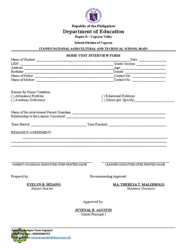 Home Visit Interview Form | Download Free PDF | Pedagogy | Education Theory