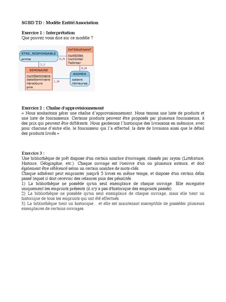 SGBD TD: Modèle Entité/Association Exercice 1: Interprétation | PDF | Fiction générale