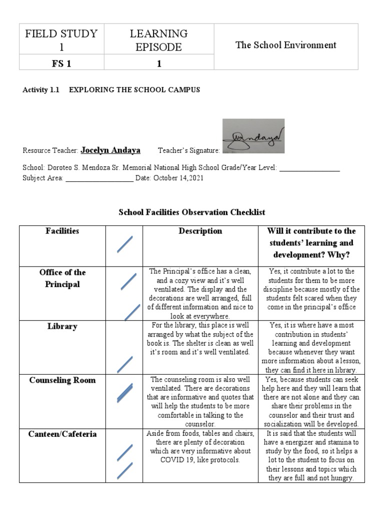 Field Study 1 Learning Episode: The School Environment | PDF ...