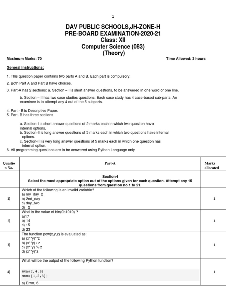 Dav Public Schools, Jh-Zone-H Pre-Board Examination-2020-21 Class: XII Computer Science (083 ...