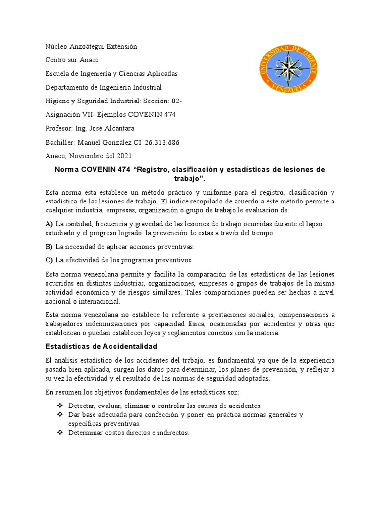 Norma COVENIN 474 "Registro, Clasificación y Estadísticas de Lesiones ...