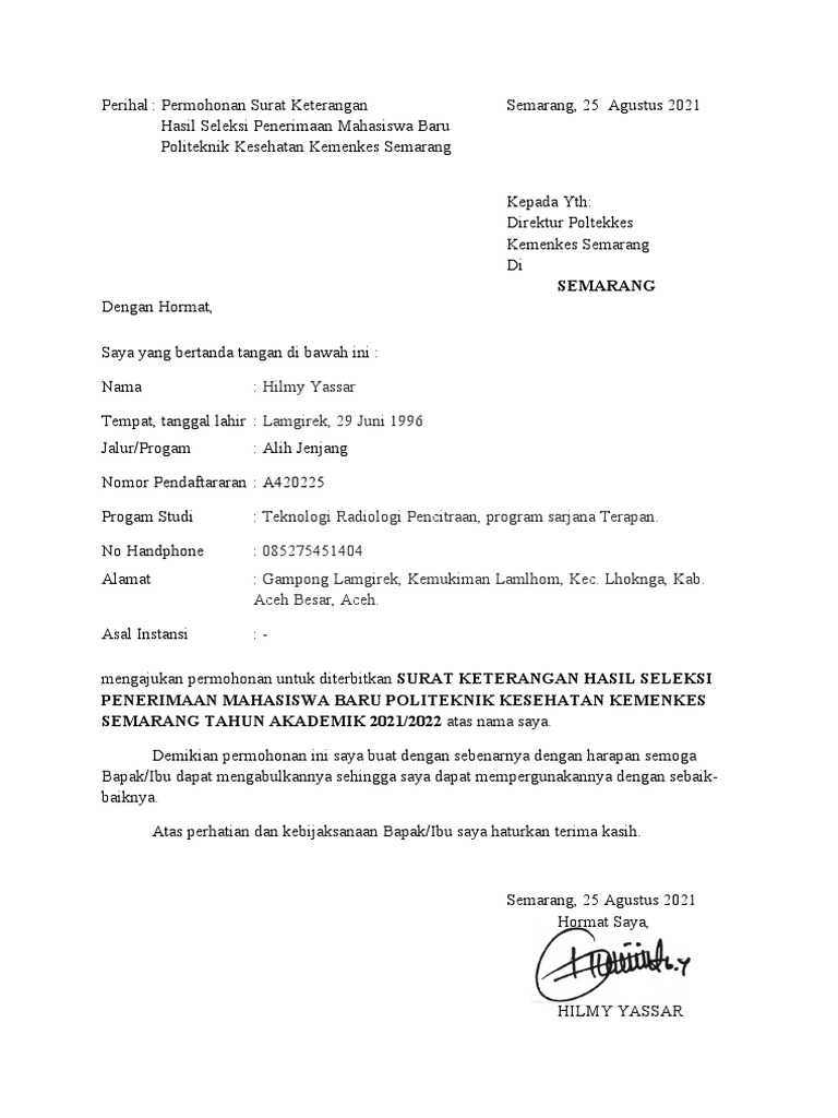 HILMY YASSAR - Surat Permohonan SKHS | PDF