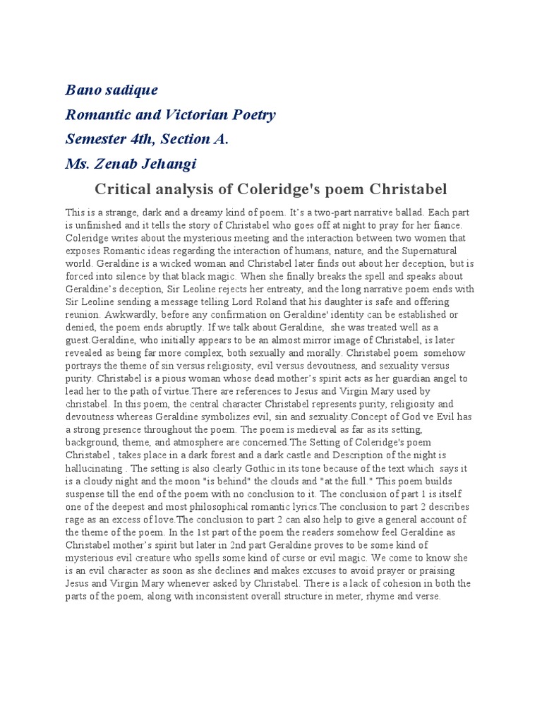 Critical Analysis of Coleridge's Poem Christabel | PDF | Poetry