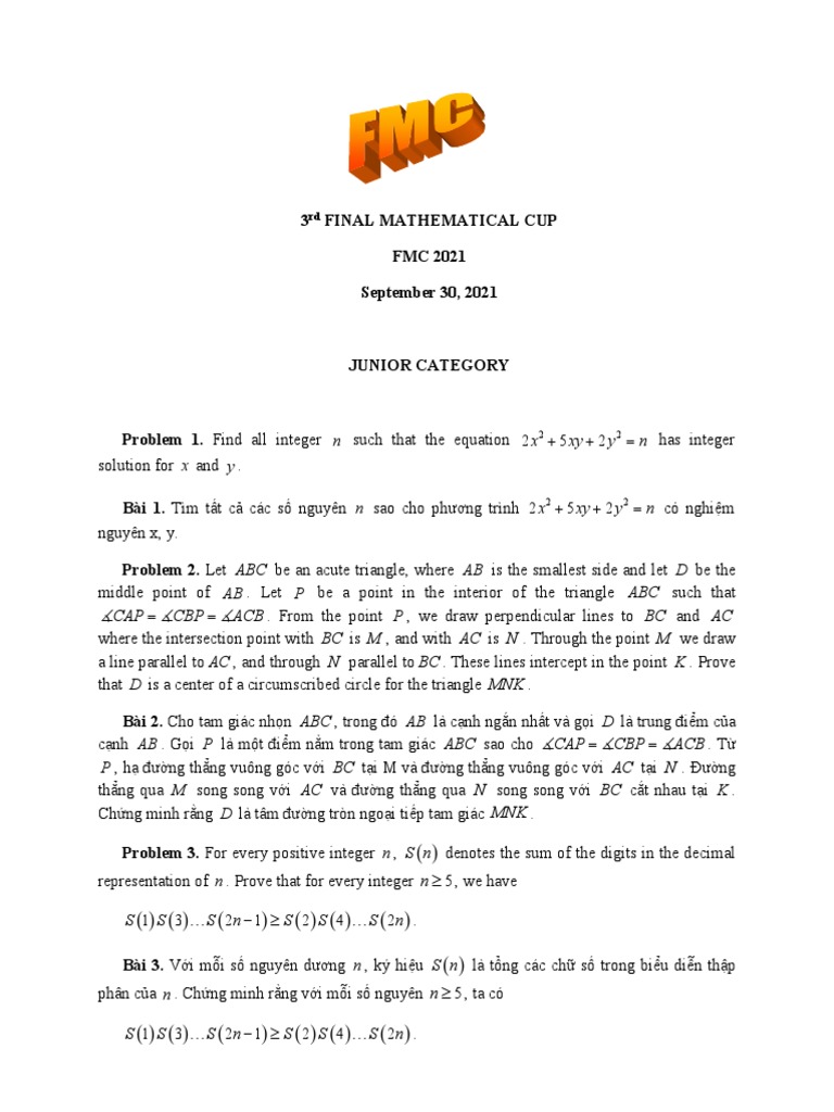3 Final Mathematical Cup FMC 2021 September 30, 2021: N X Xy y N X y N X Xy y N | PDF