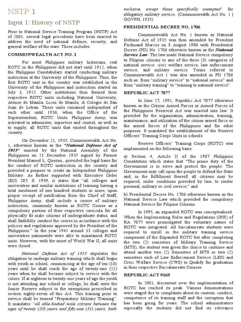 NSTP 1: Input 1: History of NSTP | PDF | Reserve Officers' Training Corps | Government