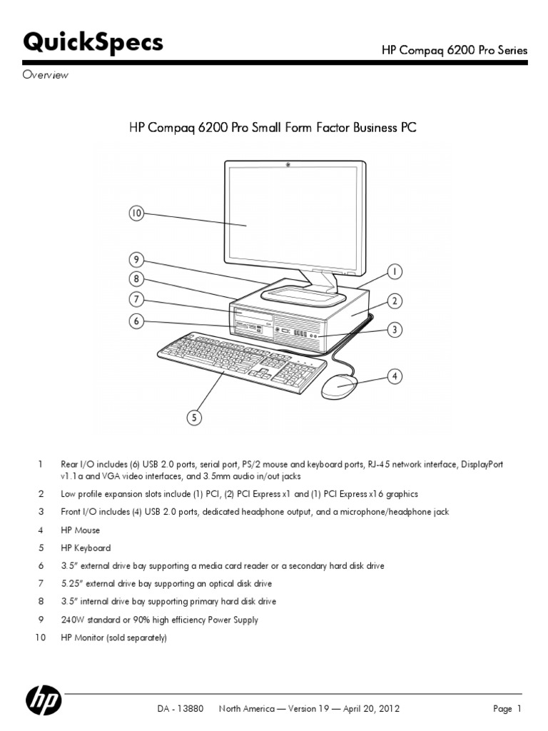 HP Compaq 6200 Series Pro Desktop PC Quick Specs | PDF | Bios | Usb