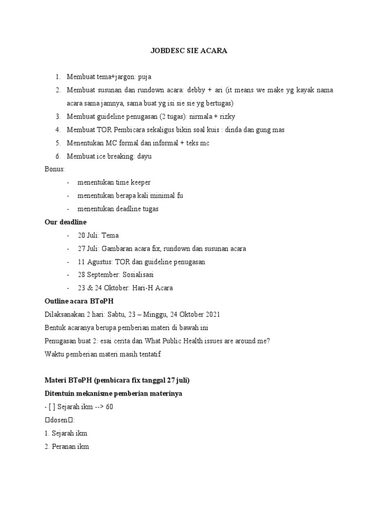JOBDESC SIE ACARA Btoph | PDF
