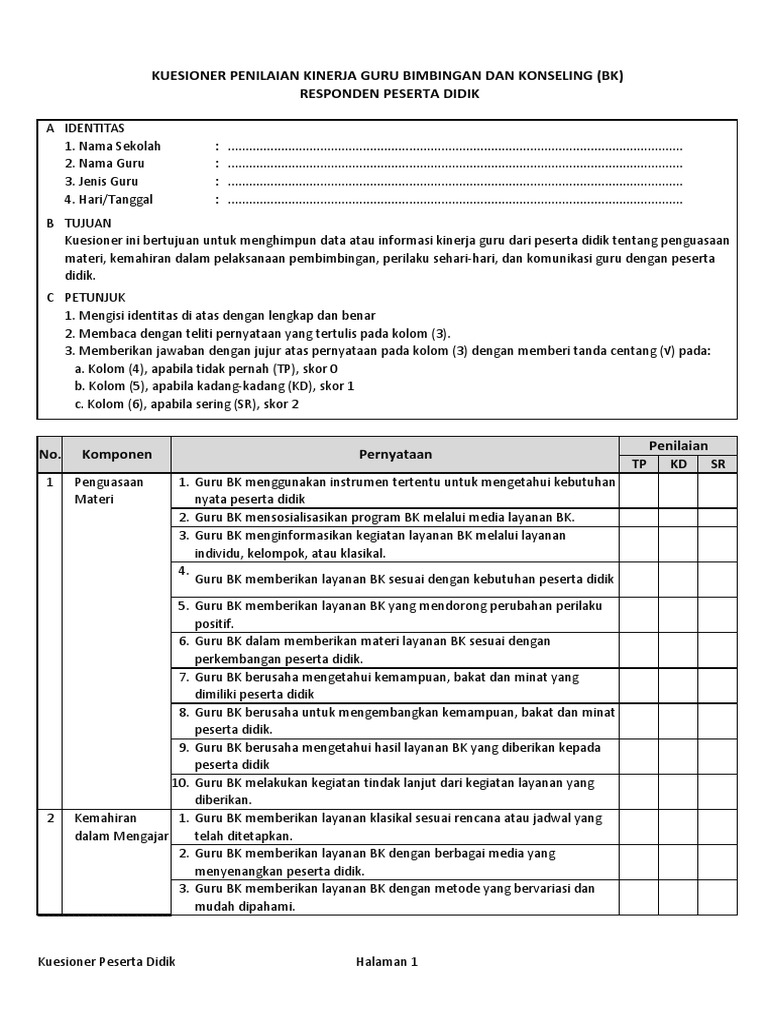 Kuesioner PK Guru BK Peserta Didik | PDF