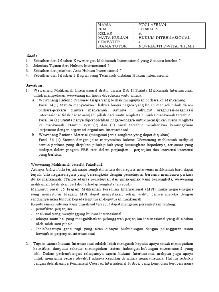 Yogi Afrian - 041603405 - Hukum Internasional - 4a Hukum - T1 PDF | PDF | Hukum