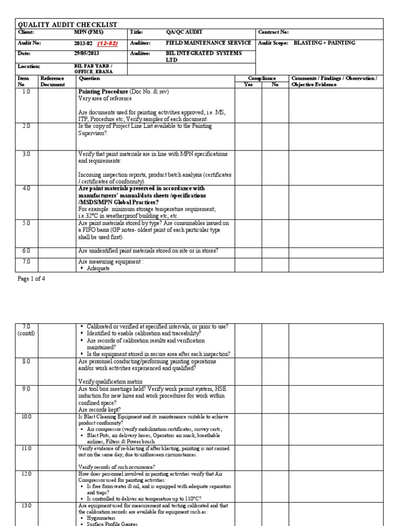 Blasting and Painting Quality Audit Checklist | PDF | Audit | Paint