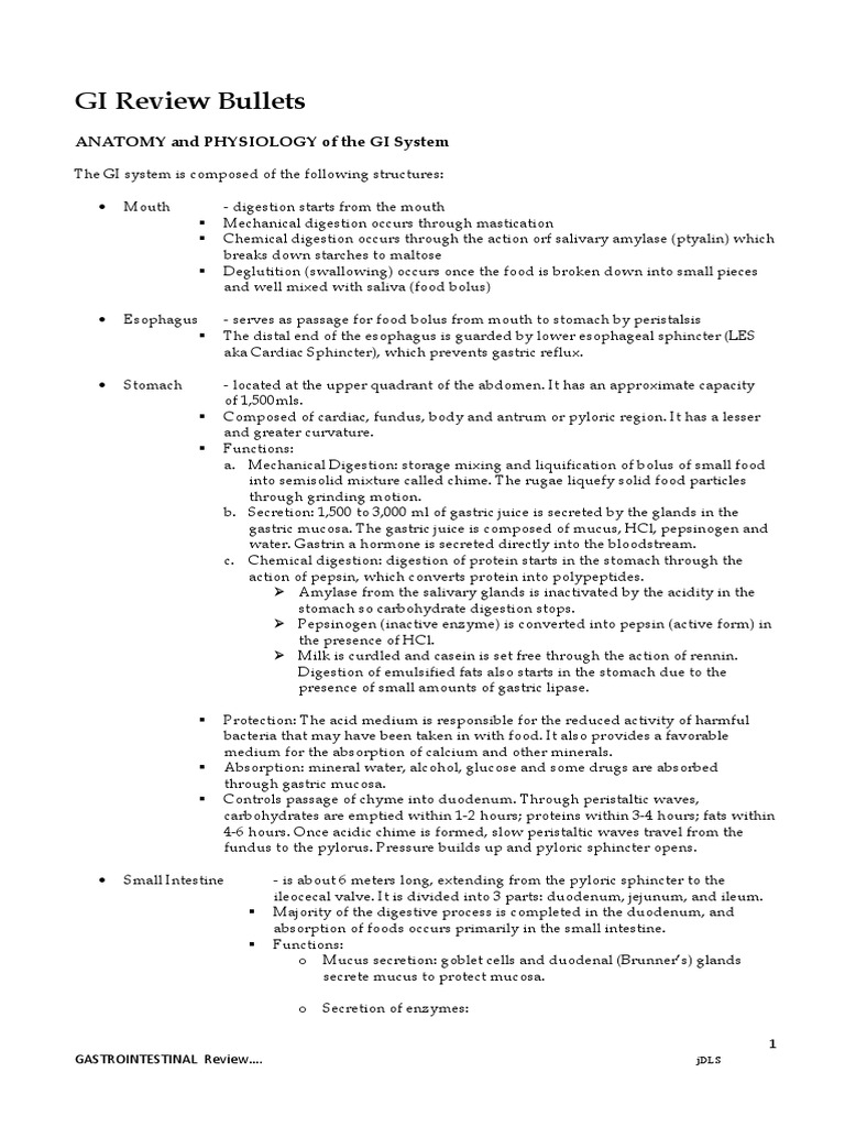 GI Review Bullets | PDF | Digestion | Gastroenterology