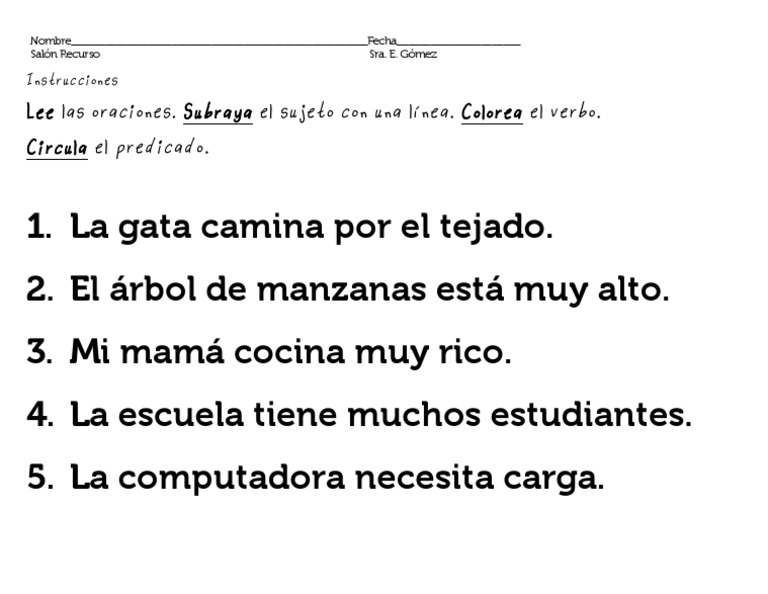 Hoja De Trabajo Para Identificar Verbos En Una Oración Ficha Para