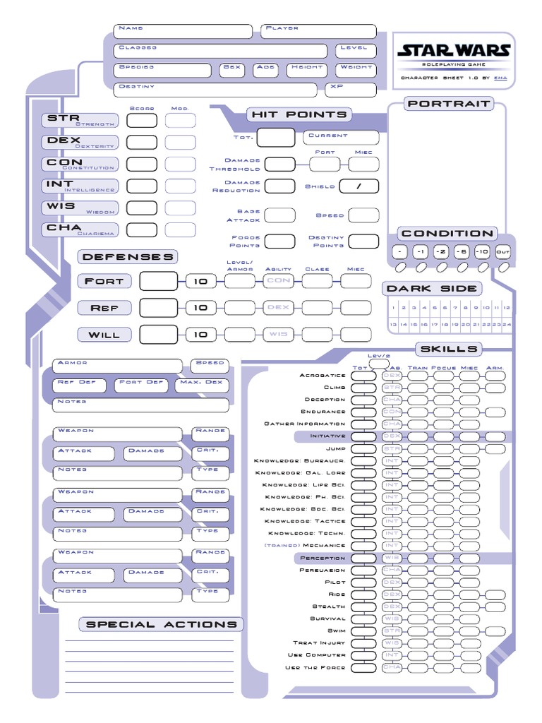 Star Wars Saga Character Sheet 1.0 | PDF