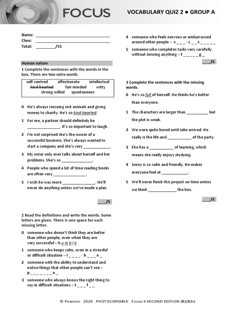 Focus4 2E Vocabulary Quiz Unit2 GroupA | PDF