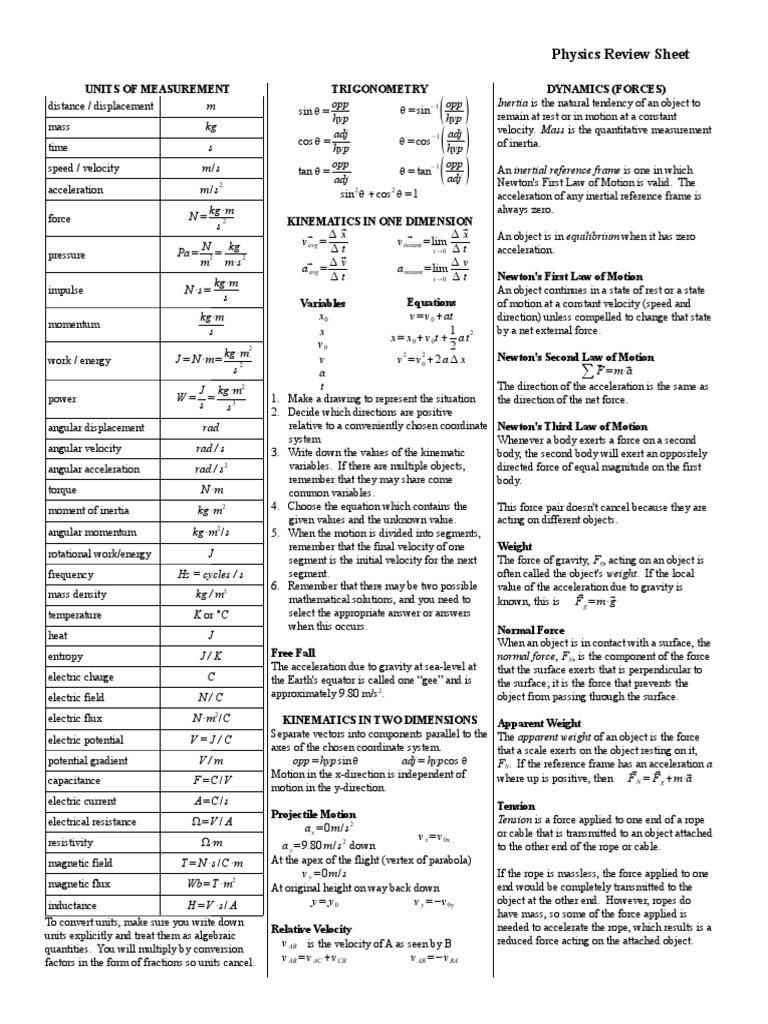 Physics Review Sheet | PDF | Force | Waves