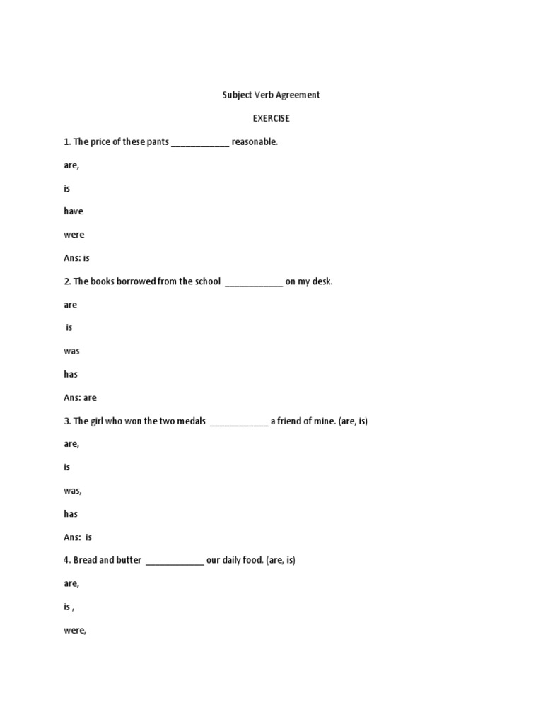 Subject Verb Agreement Exercise MCQ | PDF