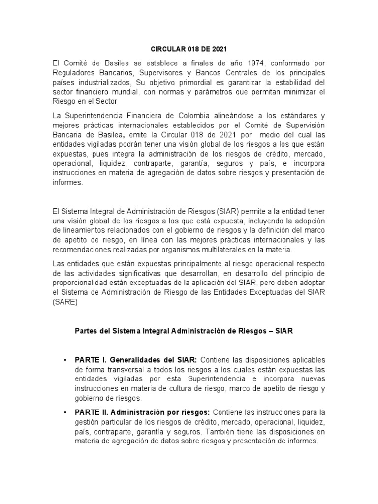 Texto Resumen Circular 018 | PDF | Servicios financieros | Economias