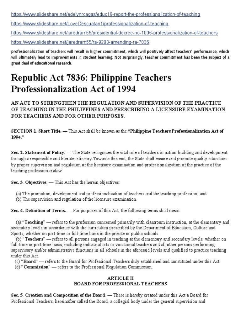 Republic Act 7836: Philippine Teachers Professionalization Act of 1994 ...