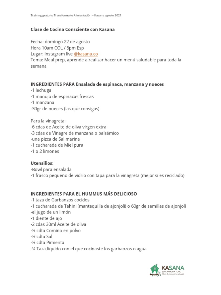 Clase de Cocina Consciente Con Kasana | PDF