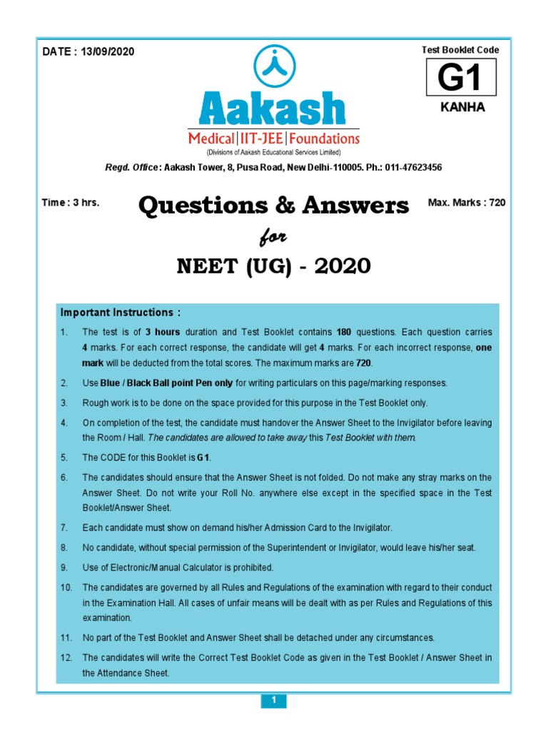Questions & Answers: For NEET (UG) - 2020 | PDF | P–N Junction | Capacitor