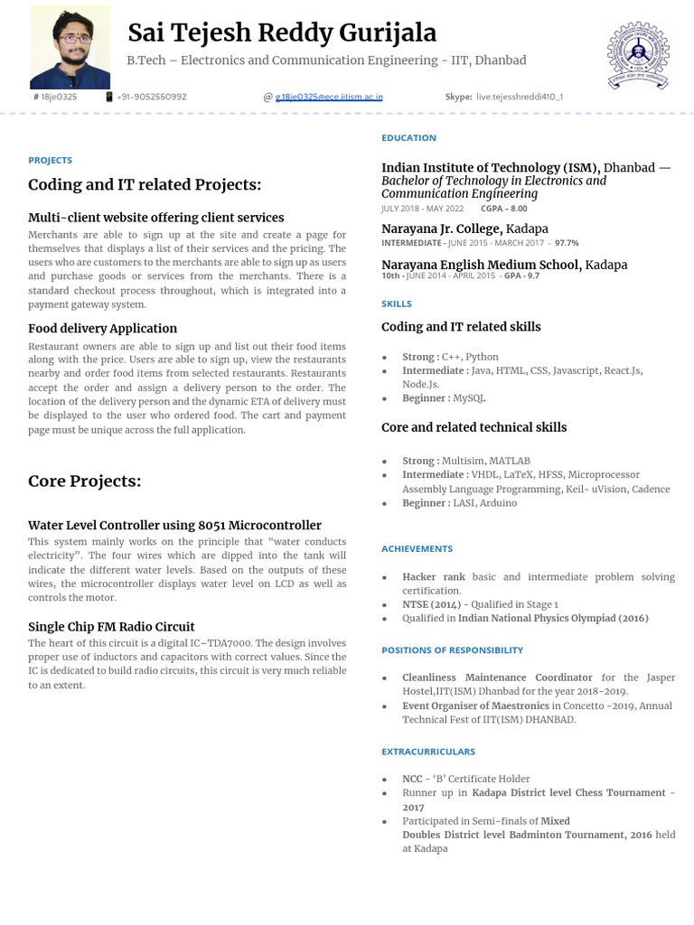 Sai Tejesh - IIT (ISM) - Resume | PDF | Electronics | Computer Science