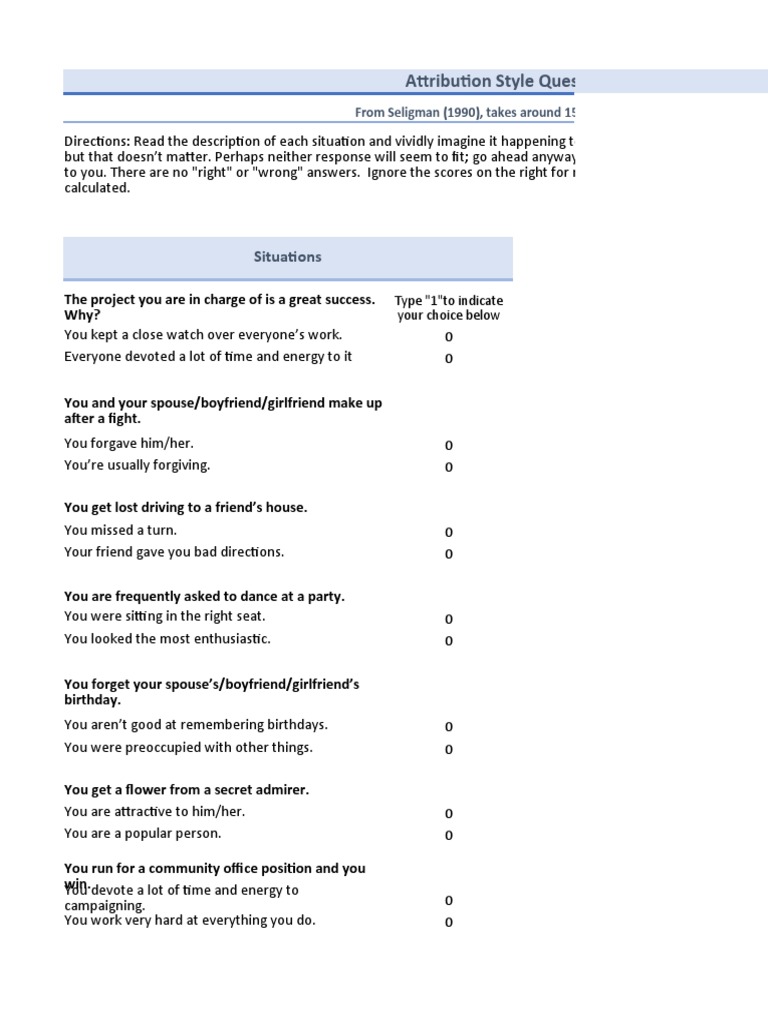 Attribution Style Questionnaire | PDF