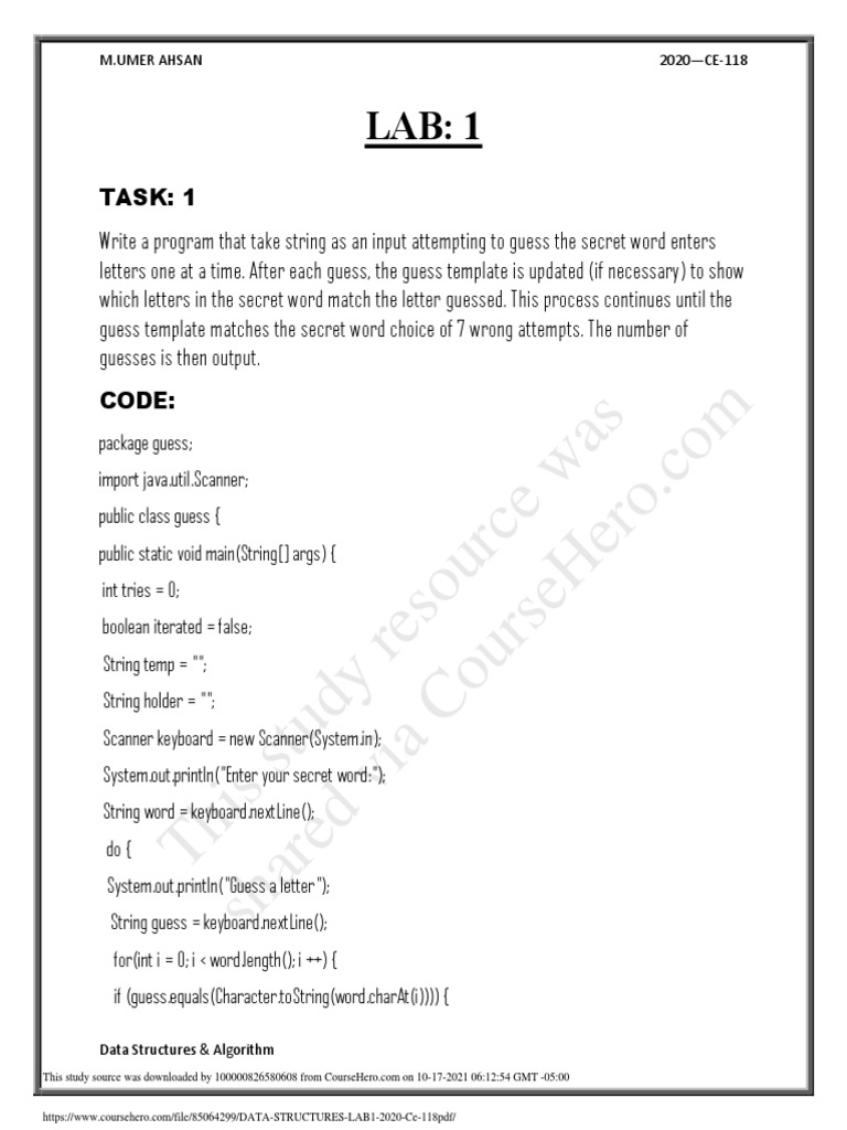 Data Structures Lab1 2020 Ce 118 PDF | PDF | String (Computer Science) | Computing