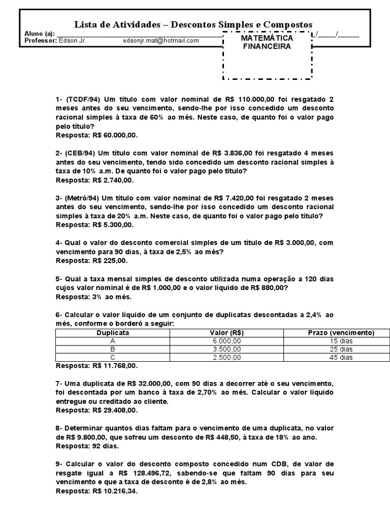 Exercícios Sobre Descontos Simples e Compostos | PDF | Desconto | Factoring (fomento mercantil ...
