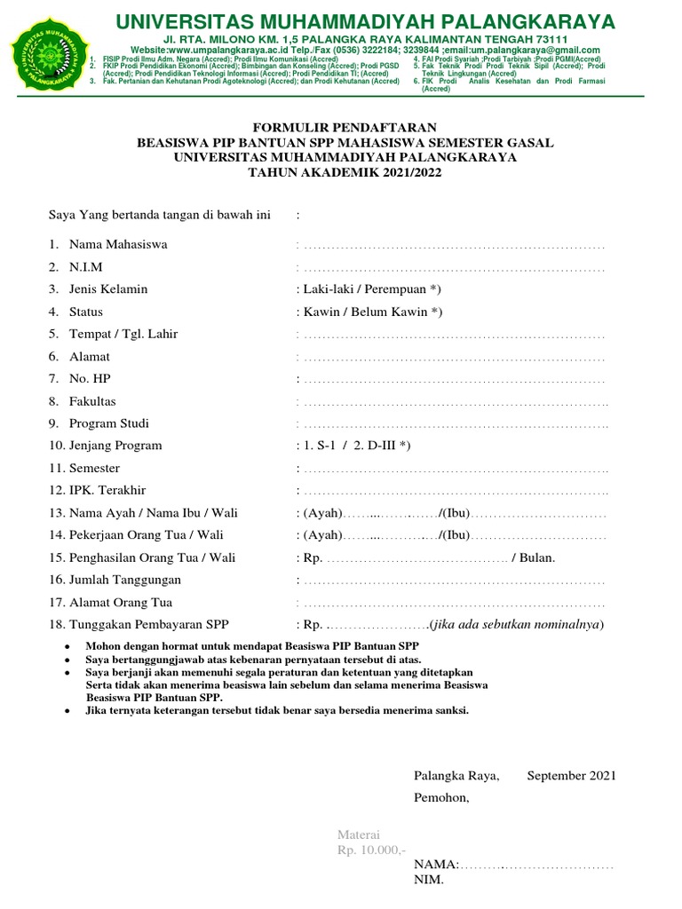 Formulir Pendaftaran Beasiswa PIP Bantuan SPP Mahasiswa | PDF