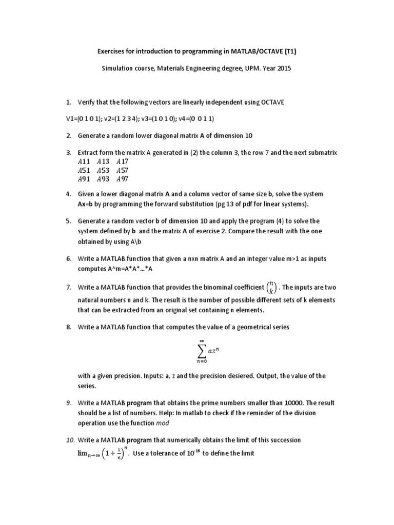Exercises For Introduction To Programming in MATLAB/OCTAVE (T1) | PDF ...