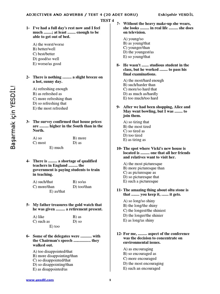 Adjectives and Adverbs Test 4 | PDF
