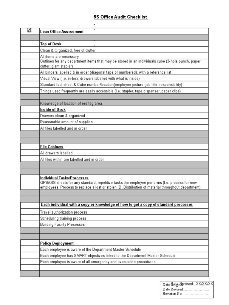5S Office Audit Checklist: Lean Office Assessment Top of Desk | PDF