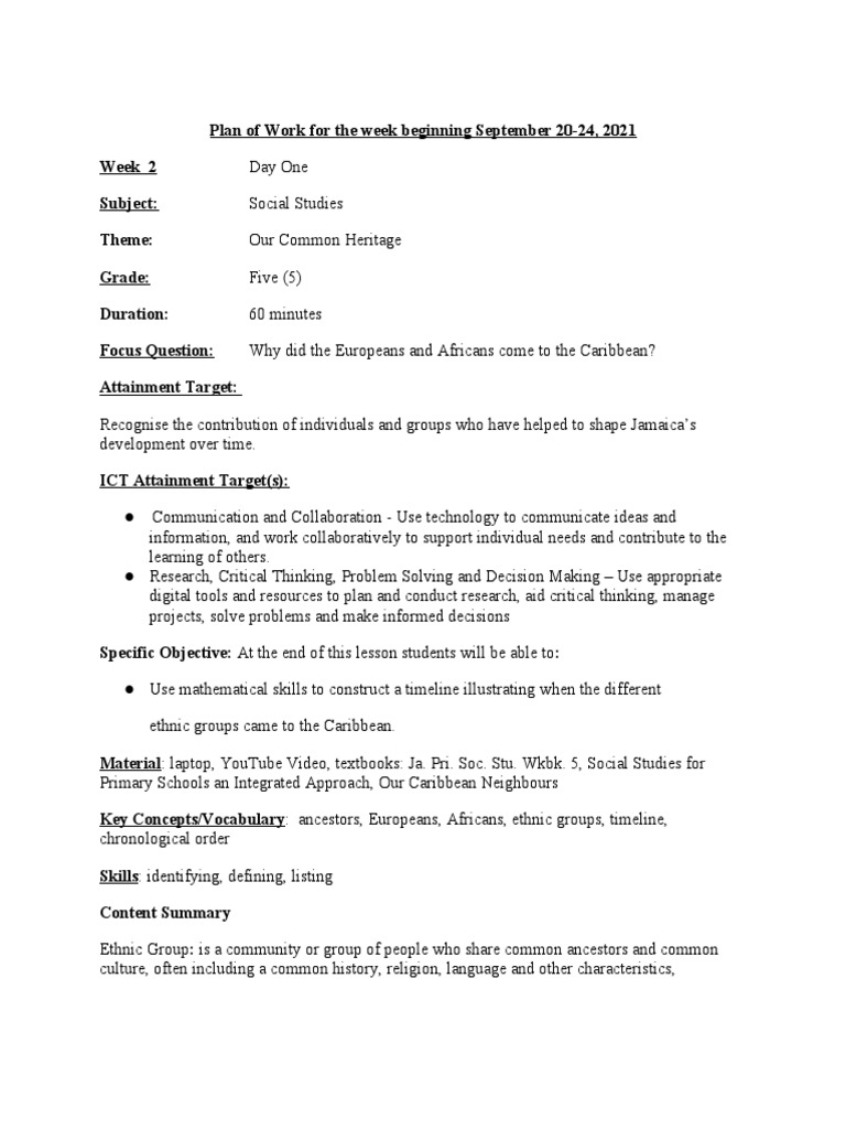Social Studies WK 2 Lesson Plan | PDF | Caribbean | Ethnic Groups