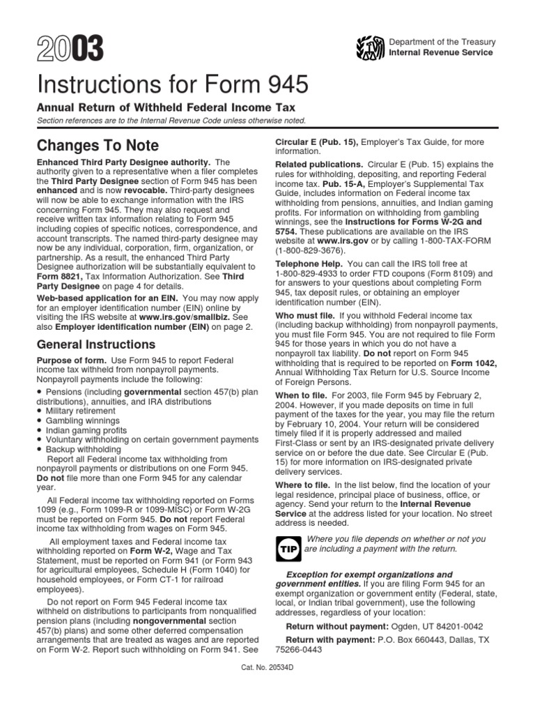 Instructions For Form 945: Changes To Note | PDF | Withholding Tax ...