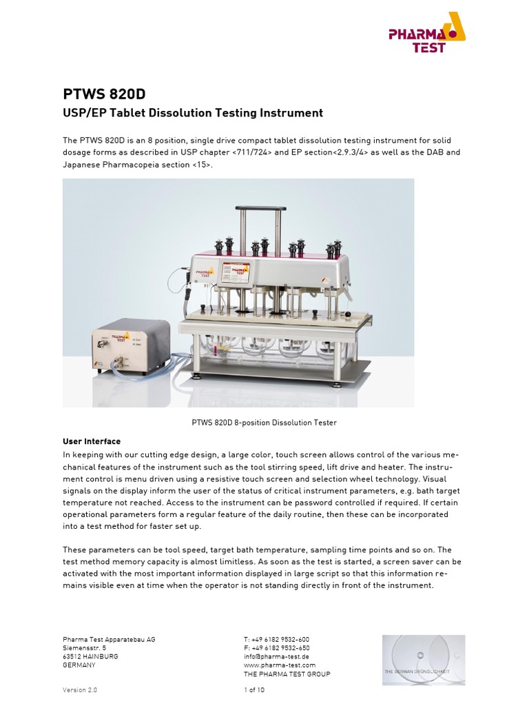 PTWS 820D: USP/EP Tablet Dissolution Testing Instrument | PDF ...