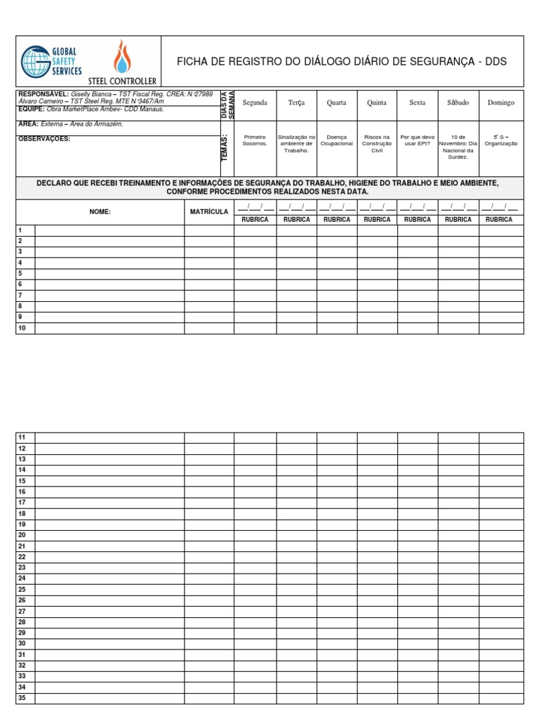 Ficha de Registro Do Dialogo Diario de Seguranca - DDS | PDF