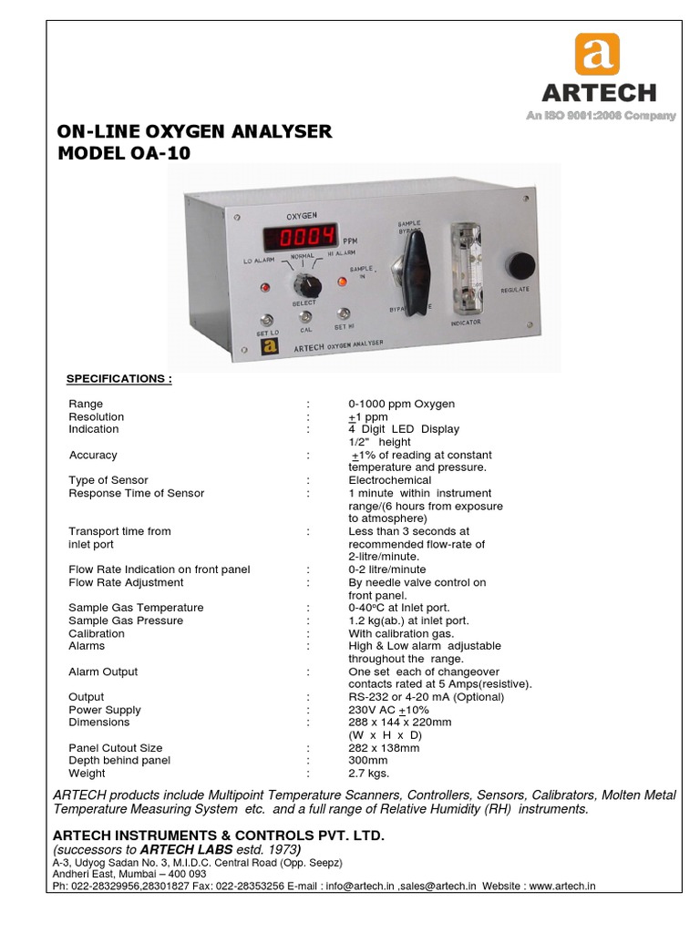 On-Line Oxygen Analyser Model Oa-10: Artech Instruments & Controls Pvt ...