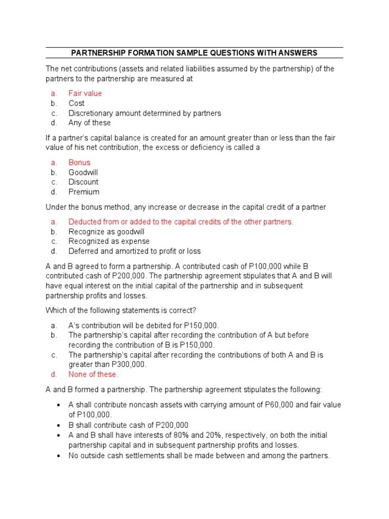 Partnership Formation Sample Questions With Answers | PDF | Partnership ...